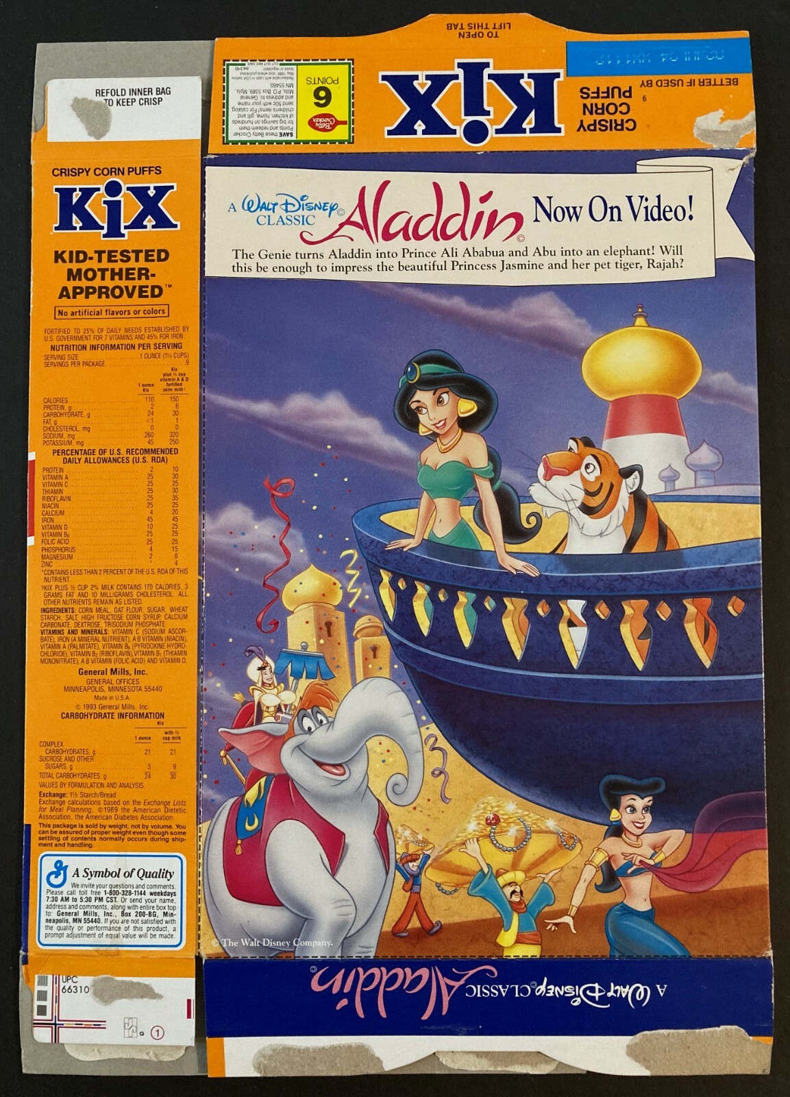 1993 GENERAL MILLS KIX CEREAL BOX w/ "DISNEY ALADDIN VHS POSTER" BACK ...