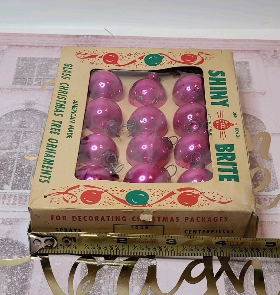 Vtg Shiny Brite Fuchsia Pink Ornaments Set Of 12 Small Bulbs 1" Box USA ...