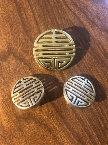 TBM Gold Tone Chinese Longevity Symbol Brooch Pin W/ Matching Clip on ...