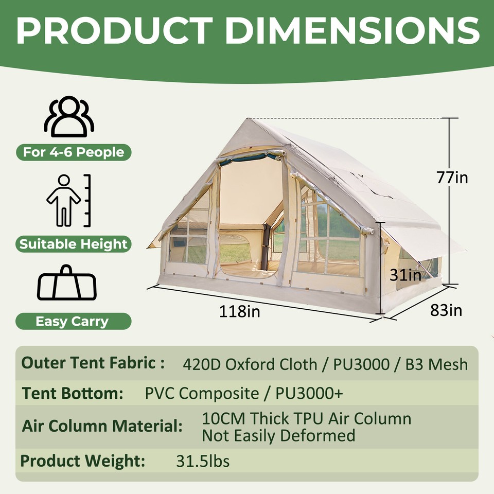 MOPHOTO 6 Person Inflatable Camping Tent with Pump Air Tent Glamping ...