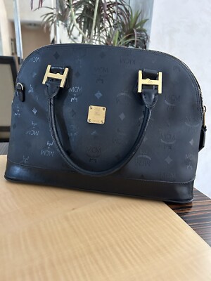 Authentic MCM Monogram Visetos Black Tote Dome handbag with Gold ...