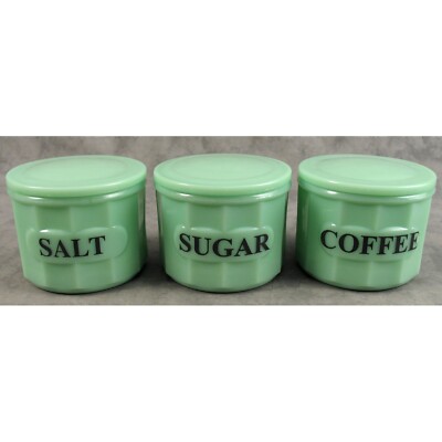 JADEITE GREEN GLASS SALT SUGAR COFFEE BOX CANISTER SET Lidded ...