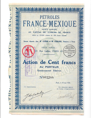 FRANCE, FRANCE-MEXICO OIL 100 FRANCS 1926 Share Certificate, Rare. 2L ...