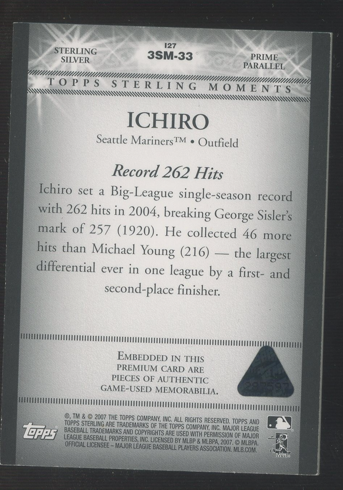 2007 Topps Sterling Ichiro 262 Hits Jersey Logo Patch 1/1 HOF | eBay