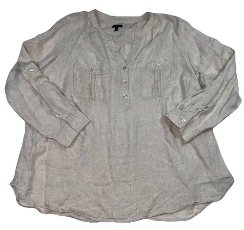 Talbots Plus Tunic Size 2X Light Beige 100% Linen Roll Tab Sleeve ...