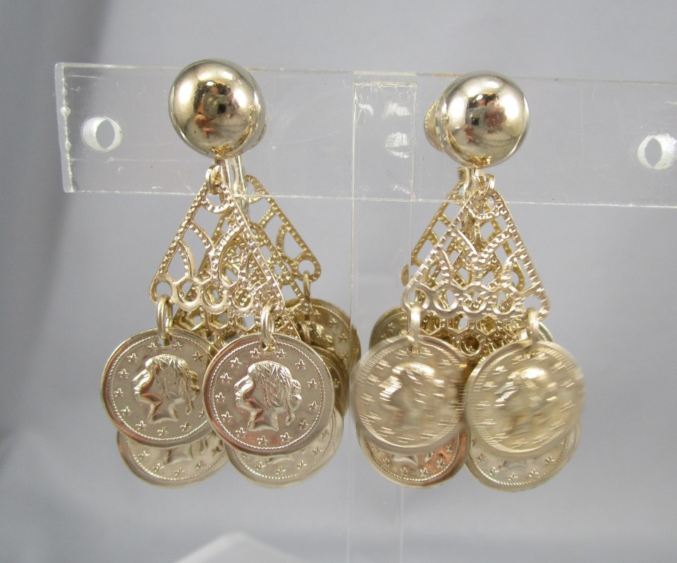 Vintage Long Dangling Gold Tone Multi "Coins" Screwback Earrings 161H ...