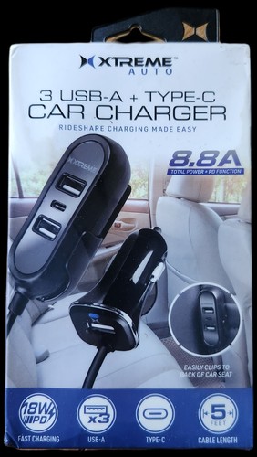 NEW XTREME AUTO 3 USB-A + TYPE C CAR RIDESHARE CHARGER 5 FT CABLE BACK ...
