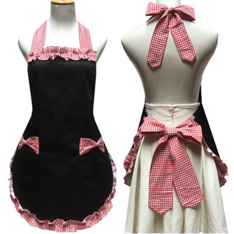 Retro Princess Women Bib Apron Check Frill Bow Pockets Maid Waitress ...