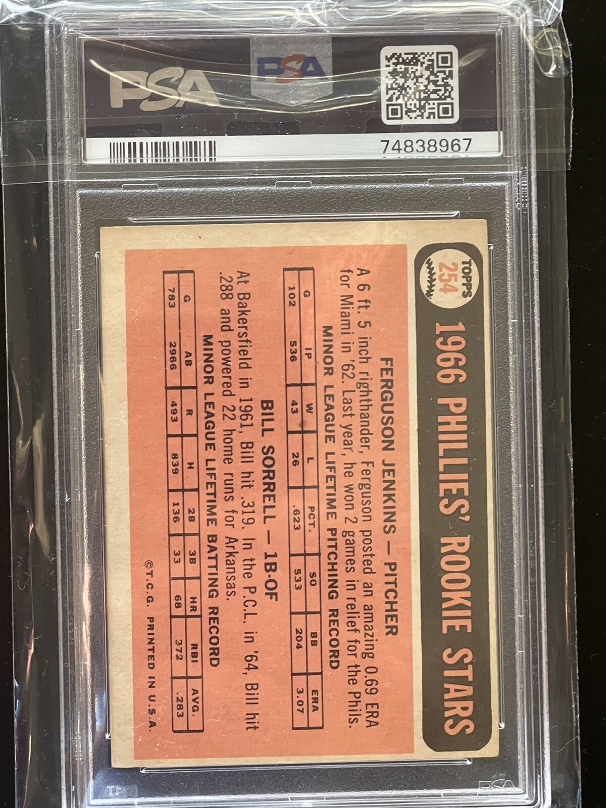 1966 Topps #254 Phillies Rookie Stars PSA 4 Ferguson Jenkins Bill ...