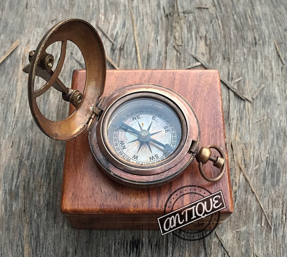 Vintage Antique Design Sun-Dial Clock Compass in Brown Wooden Box Gifts ...