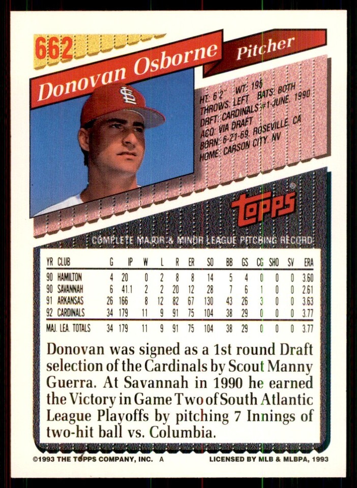 1993 Topps Donovan Osborne Baseball Cards #662 | eBay