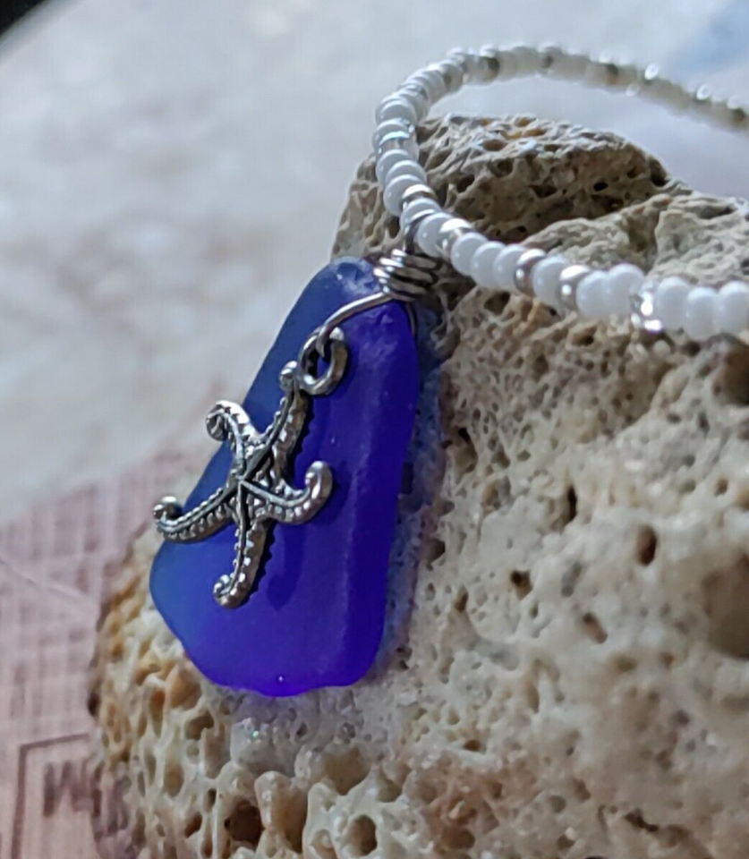 Cobalt Blue Genuine Sea Glass Necklace Aloha Hawaiian Starfish Charm ...