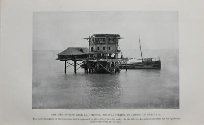 1913 LIGHTHOUSE PRINT COMPLETING ONE FATHOM BANK LIGHTHOUSE IN MALACCA ...
