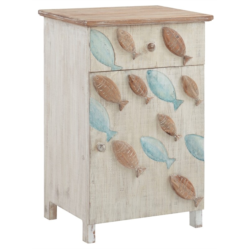 Pemberly Row Carved Fish Wood Storage End Table in Distressed White ...