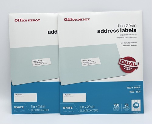 2 Packs-Office Depot Inkjet/Laser Address Labels,1" x 2 5/8",White,750 ...