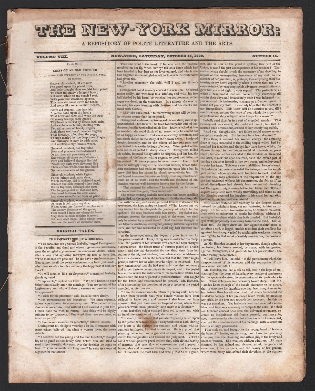 The New York Mirror Newspaper Literature And The Arts October 16, 1830 ...