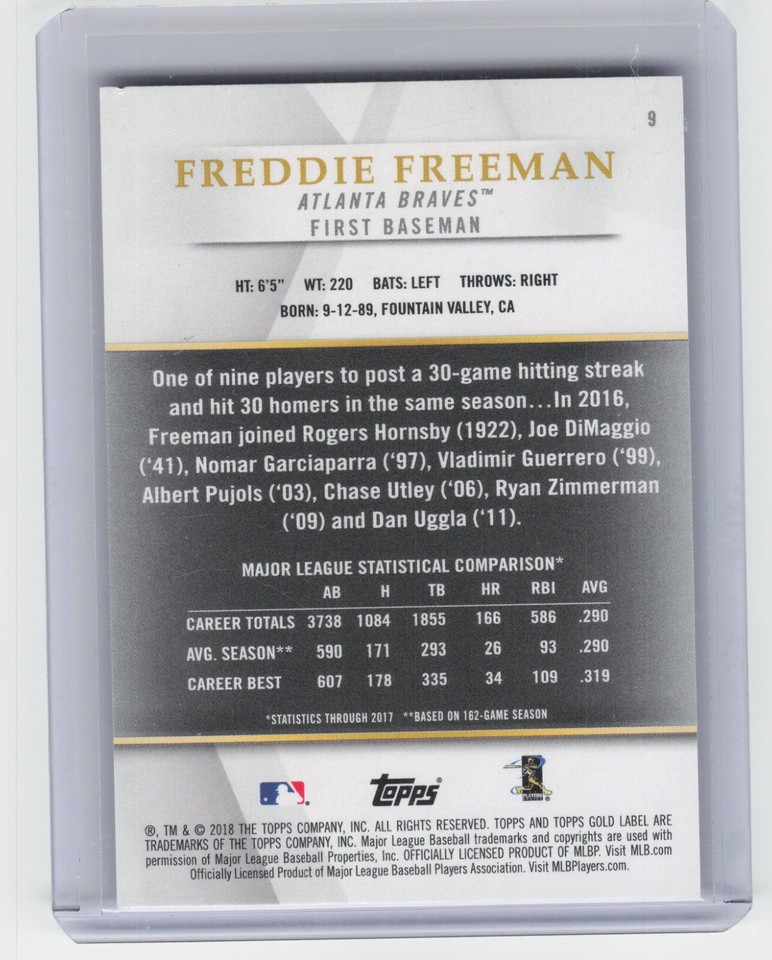 2018 Topps Gold Label Freddie Freeman #9 Class 1 Red /75 Braves | eBay