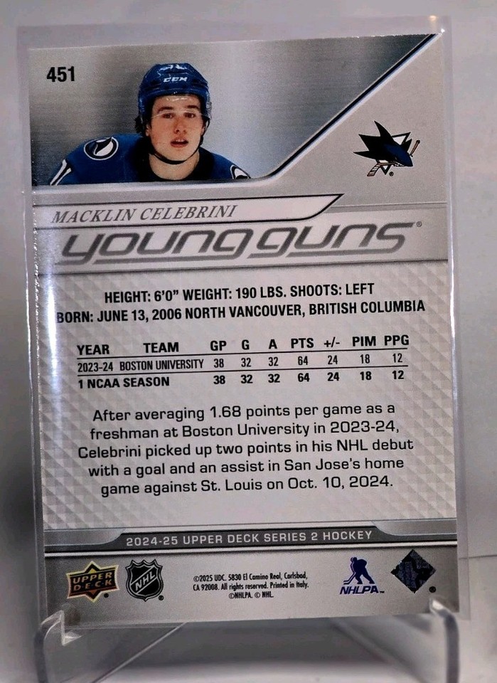Macklin Celebrini #451 / Young Guns Rookie card 2024-25 UD Series 2 | eBay