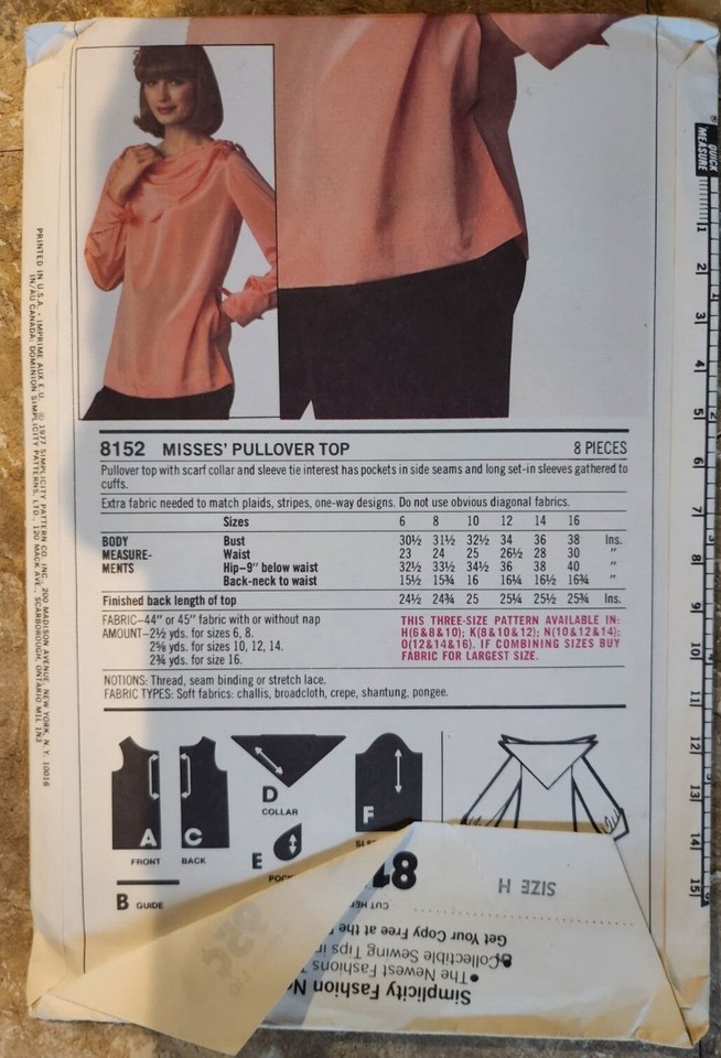 Vintage Simplicity ESP Sewing Pattern 8152 Size H 6-8-10 Miss Pullover ...