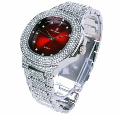 Men Iced Silver PT Lab Diamond Red Face Metal Band Hip Hop Luxury Bling ...