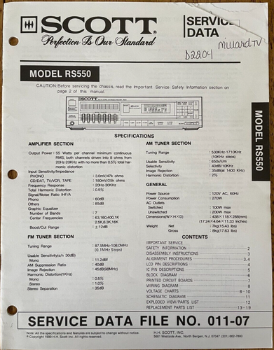 SCOTT RS550 AM/FM STEREO RECEIVER ORIGINAL SERVICE REPAIR MANUAL | eBay