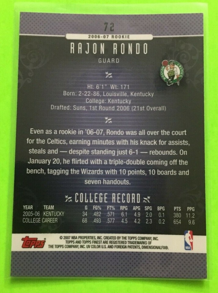 2006 -07 Finest #72 Rajon Rondo Boston Celtics RC Rookie Basketball ...