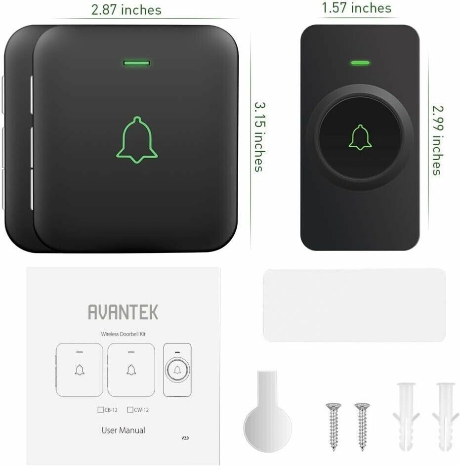 Wireless Doorbell AVANTEK IP55 Waterpoof 1000ft 5Level Volume LED 2 ...