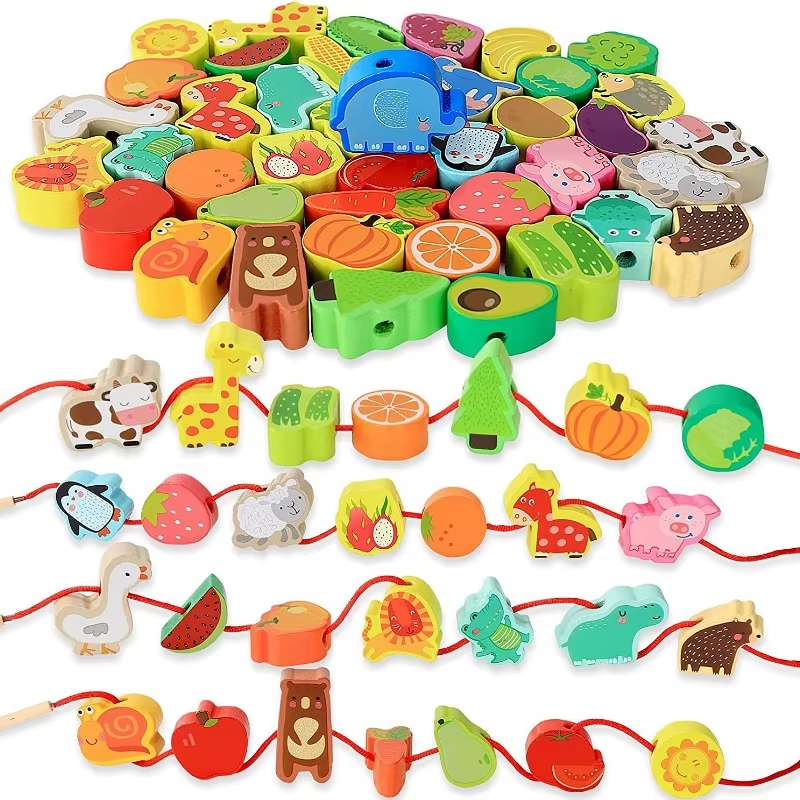 Monterssori Baby DIY Wooden Toys Cartoon Fruit Animal Stringing ...