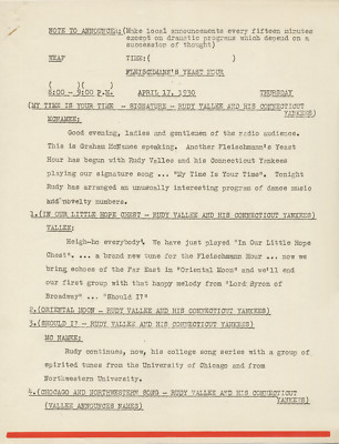 1930 RUDY VALLEE FLEISCHMANN'S RADIO SHOW SCRIPT GRAHAM McNAMEE w ...