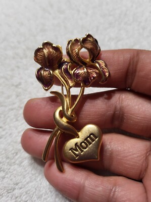 Beautiful Gold tone MOM Brooch Pin w/ Enamel Iris Flowers | eBay