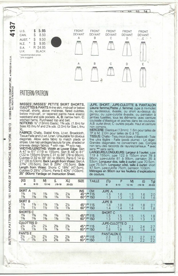 Butterick 4137 Culottes, Dirndl Skirt, Shorts, Pants Pattern Choose ...