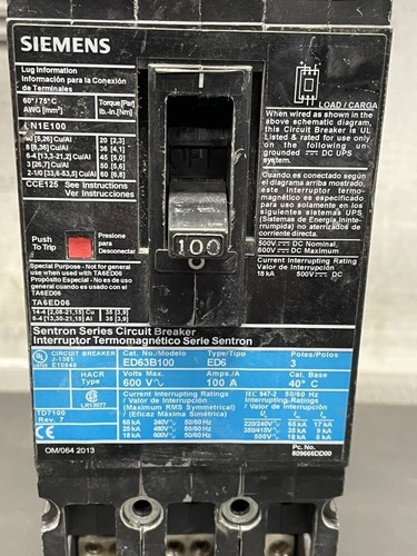 Siemens ED63B100 Molded Case Circuit Breaker 100 Amp 600 Volt | eBay