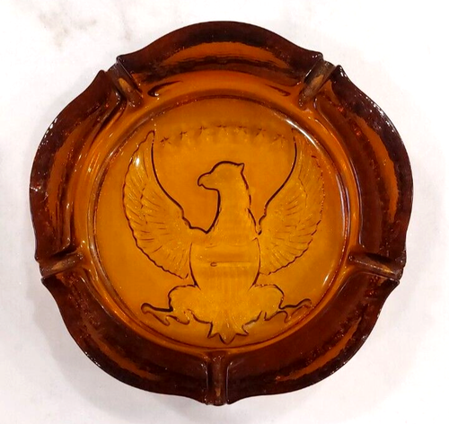 Vintage Amber Glass US Coat of Arms Eagle Shield 7 Stars Ashtray 10” x ...