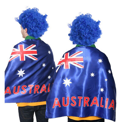AUSTRALIA FANCY DRESS CAPE & WIG AUSSIE DAY PARTY SET SPORTS CRICKET ...