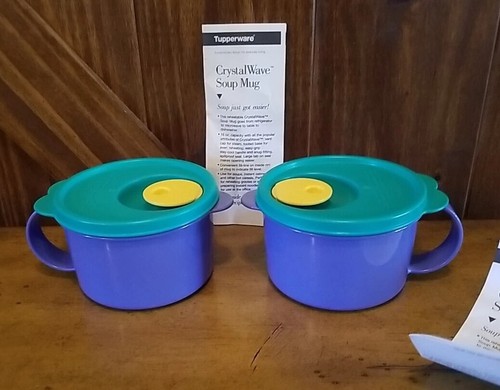 2 Tupperware 16 oz. Crystal Wave Soup Mug Bowl Microwave Vent Container ...