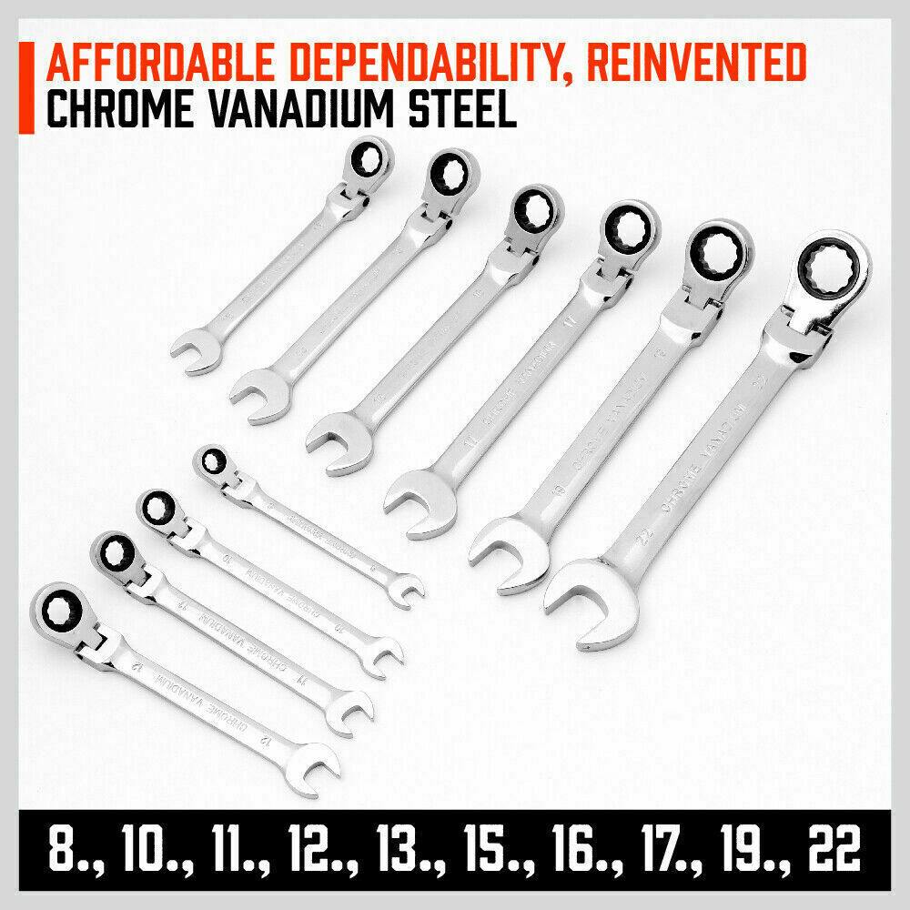10Pc Flexible Head Ratchet Spanner Set Metric Wrench CRV With Carry ...