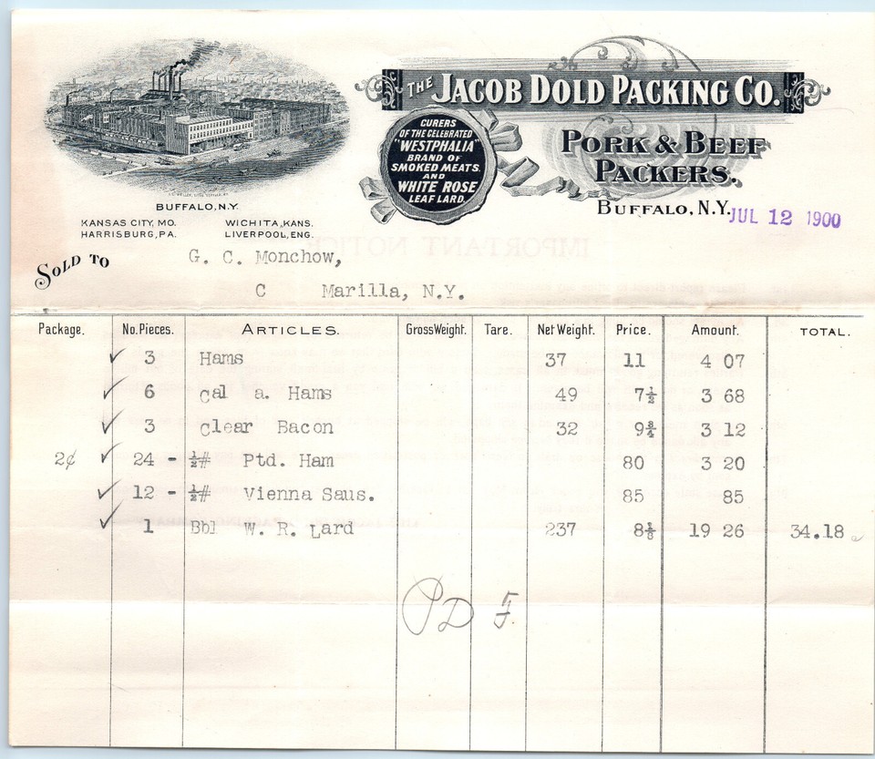 1900 Buffalo New York Jacob Dold Pork Beef Meat Packer Antique Document ...