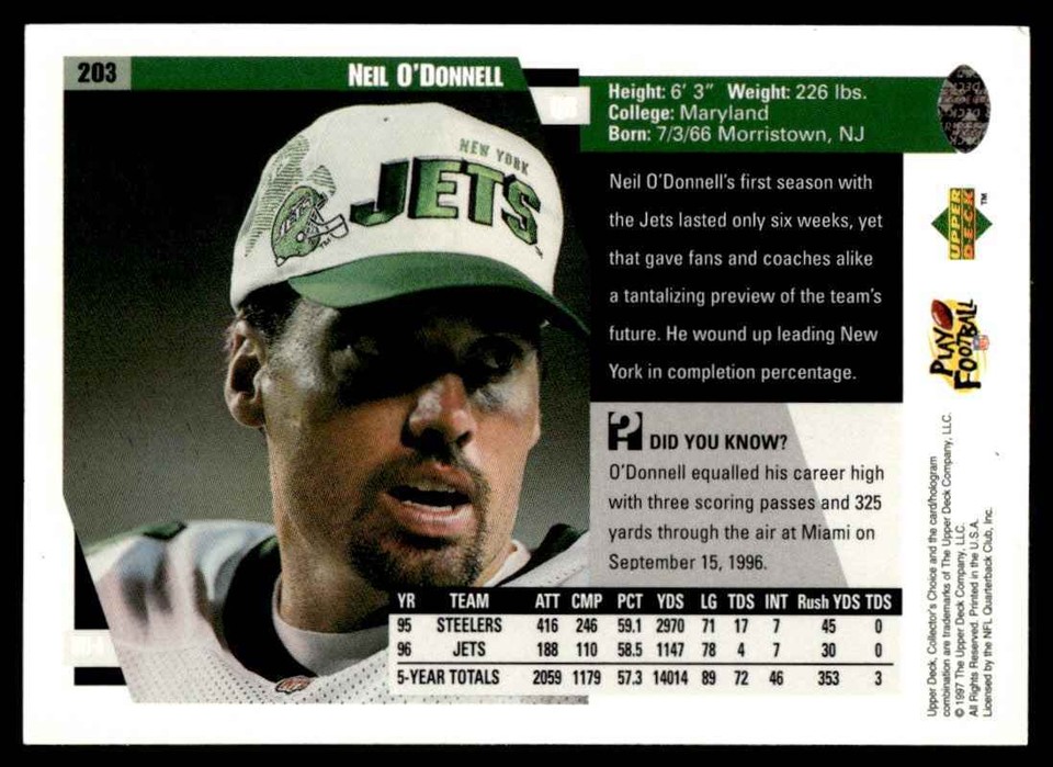 1997 Collector's Choice Neil O'Donnell New York Jets #203 | eBay