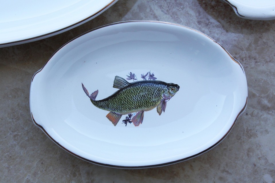 Lovely Vintage Israel Thick Porcelain Kedar Fish Platter Tray 6 Plates ...