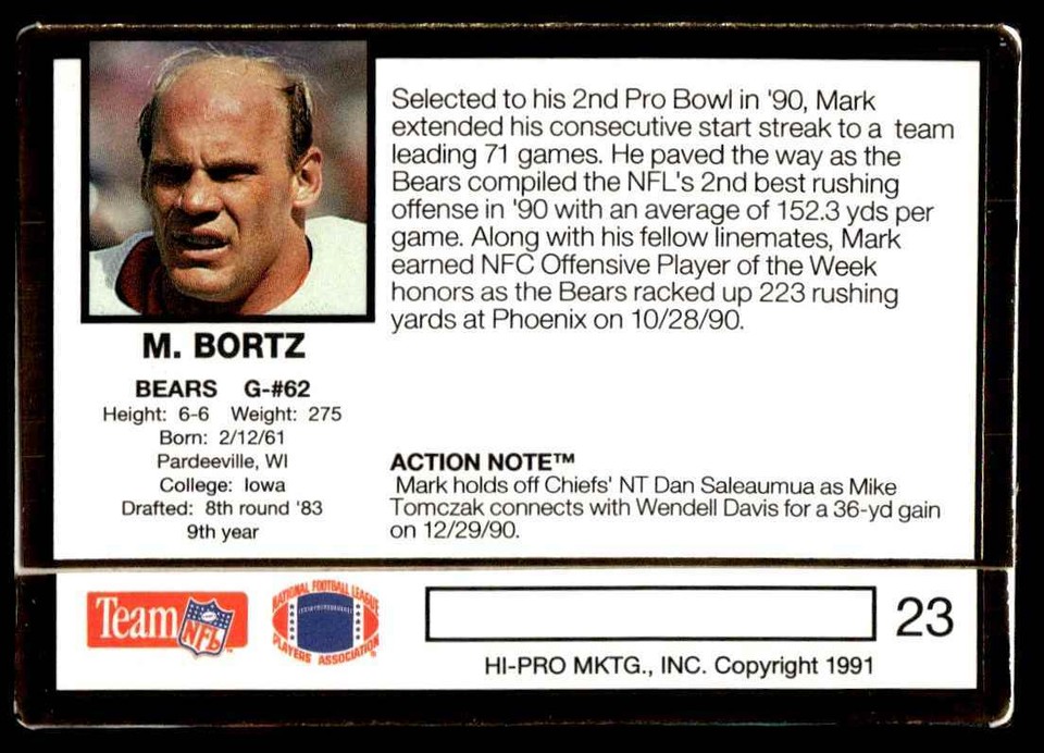 1991 Action Packed Mark Bortz Chicago Bears #23 | eBay