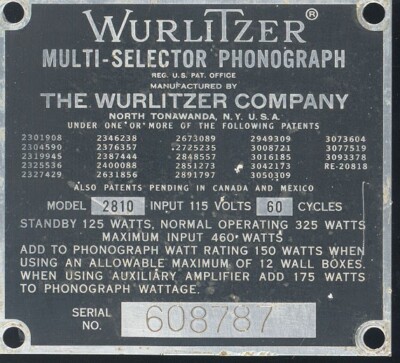 Wurlitzer 2810 # 608787 serial number identification plate or tag | eBay