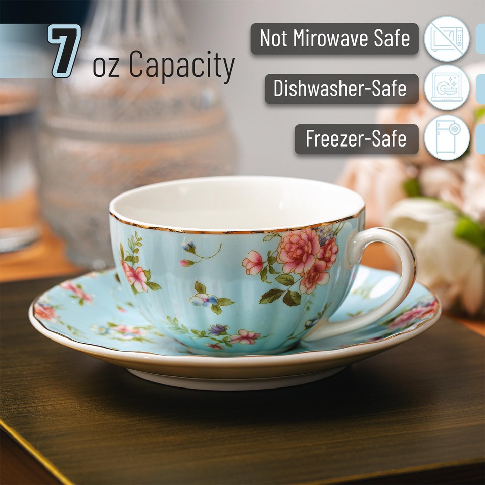 BTaT- Tea Cups and Saucers Set of 6, Tea Set, Floral Tea Cups (7oz ...