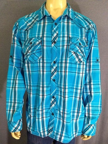 HELIX Mens Western Shirt XXL Blue Black Plaid Checked Rancher Rodeo ...