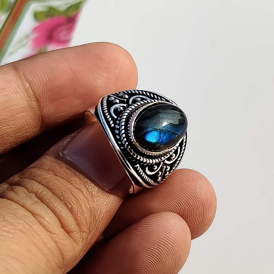 Labradorite Blue Fire Gemstone 925 Sterling Silver Handmade Ring Men's ...
