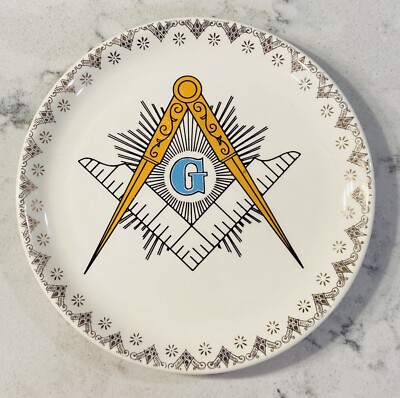 VINTAGE Masonic fraternal souvenir plate, gilt accent edge compass ...