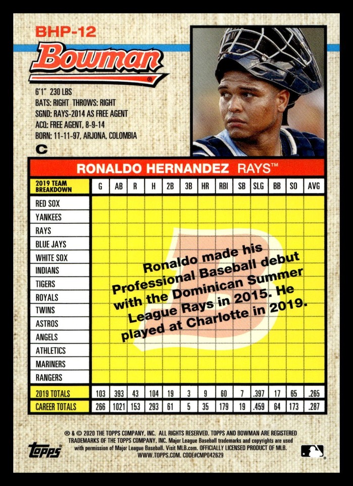 2020 Bowman Heritage #BHP-12 Ronaldo Hernandez Tampa Bay Rays Baseball ...