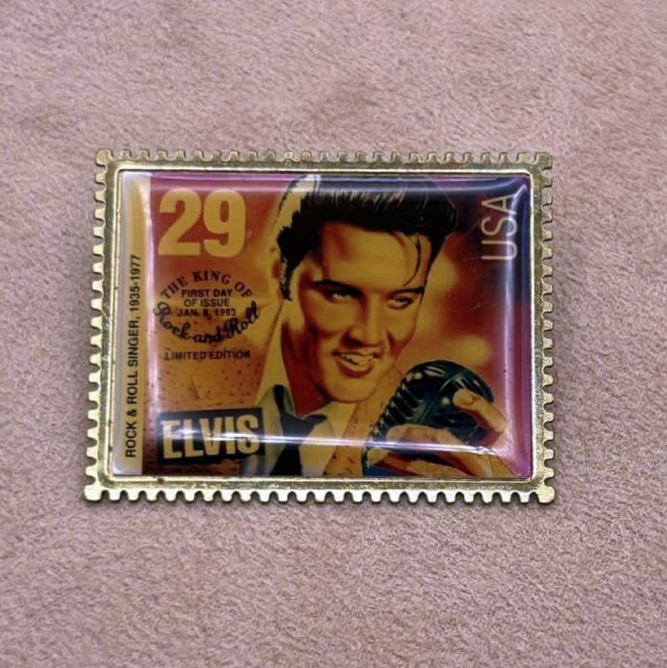 Four Vintage USPS Stamp Pins Elvis-29 Pueblo-13 Lacemaking-22 Kansas-20 ...