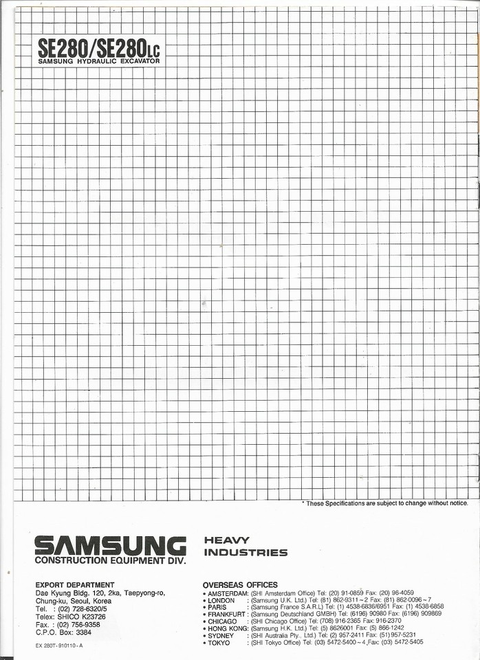 Original Samsung Model SE280 SE280LC Hydraulic Excavator Technical Data ...