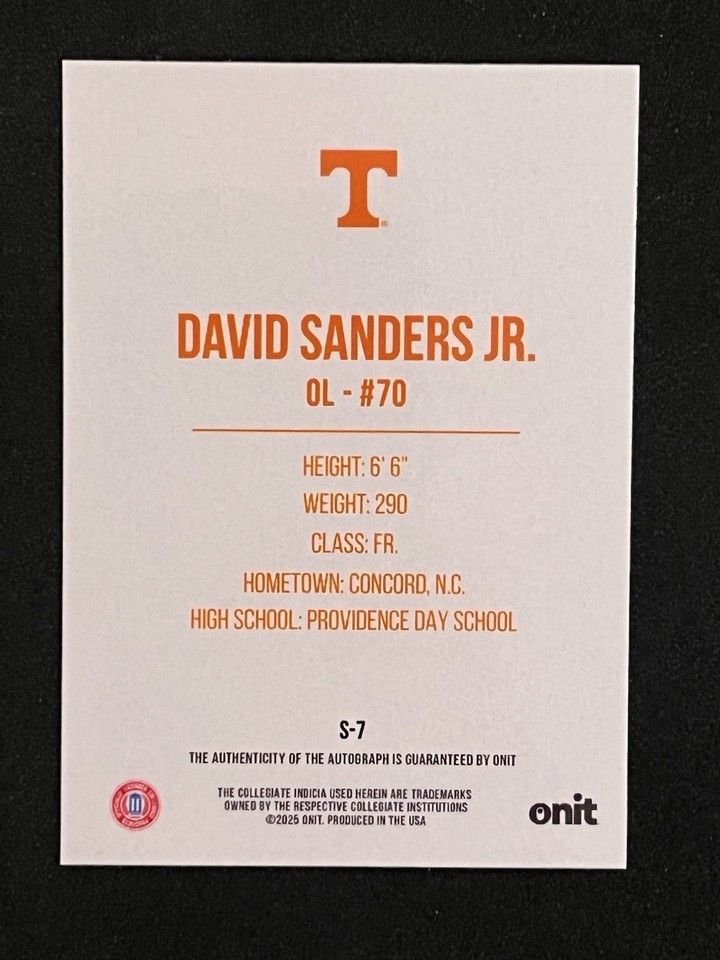DAVID SANDERS JR. 2025 ONIT Tennessee Vols Football SILVER ORBS Auto 23 ...