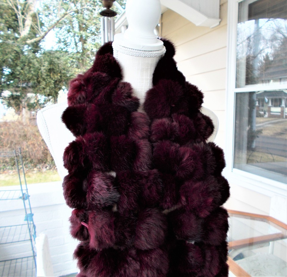 Women's Cejon Deep Dark Red Burgundy Rabbit Fur Ball Scarf 60" Long ...